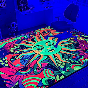 Mushroom Area Rugs - Funny Boho Sun Rug - Psychedelic Colorful Mushroom Rug Hippie Aesthetic Room Decor Carpet Glows Under Black Light Rooms Mat Rugs 60x40 Inch