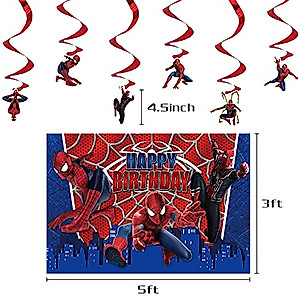 Spider Birthday Decorations Spider Theme Party Supplies for Kids Boys Include Happy Birthday Banner, Cake Topper, Backdrop, 6 Hanging Swirls, 18 Latex Balloons, 24 Cupcake Toppers