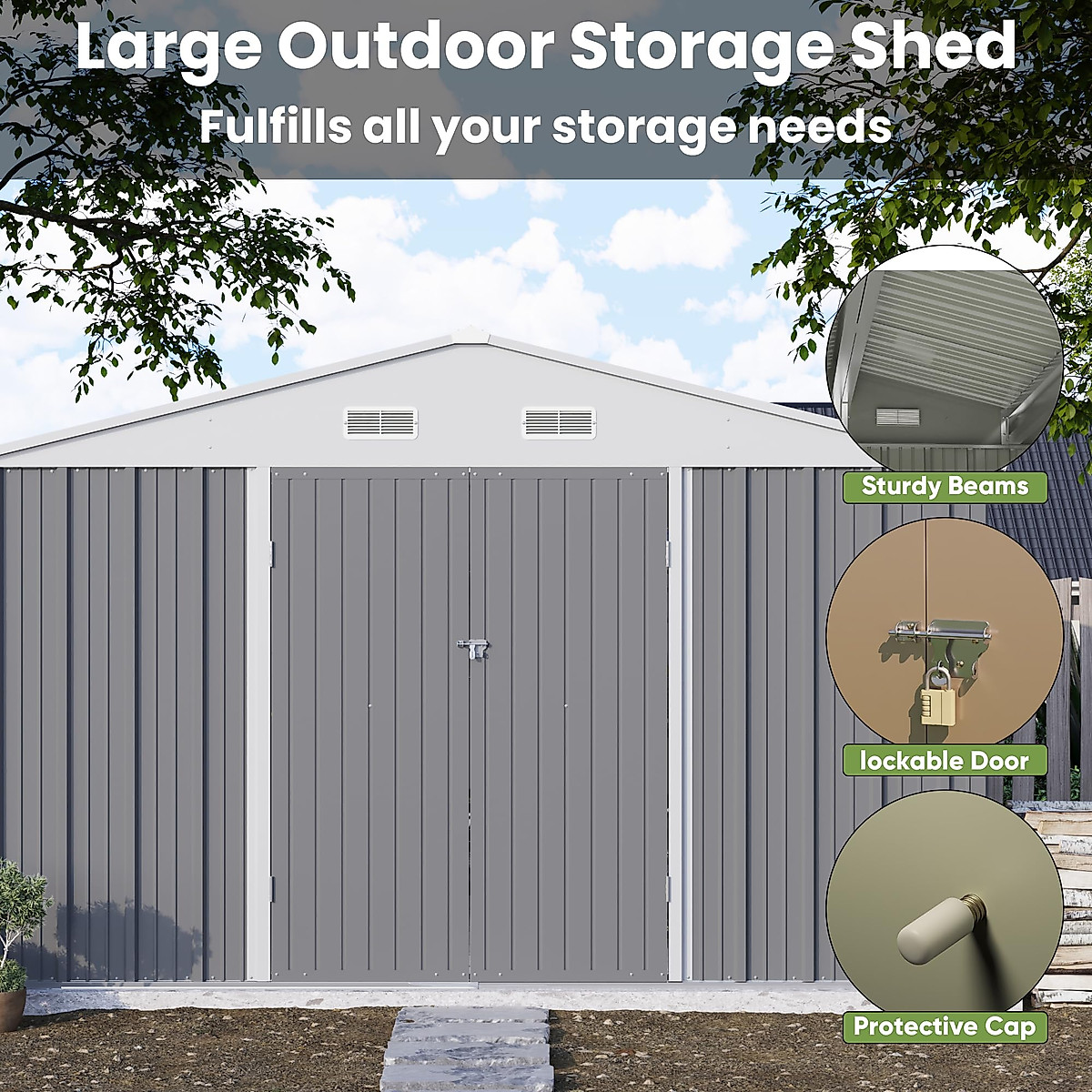 Patiowell 10' x 10' Metal Storage Shed for Outdoor, Steel Yard Shed with Design of Lockable Doors, Utility and Tool Storage for Garden, Backyard, Patio, Outside use, Grey