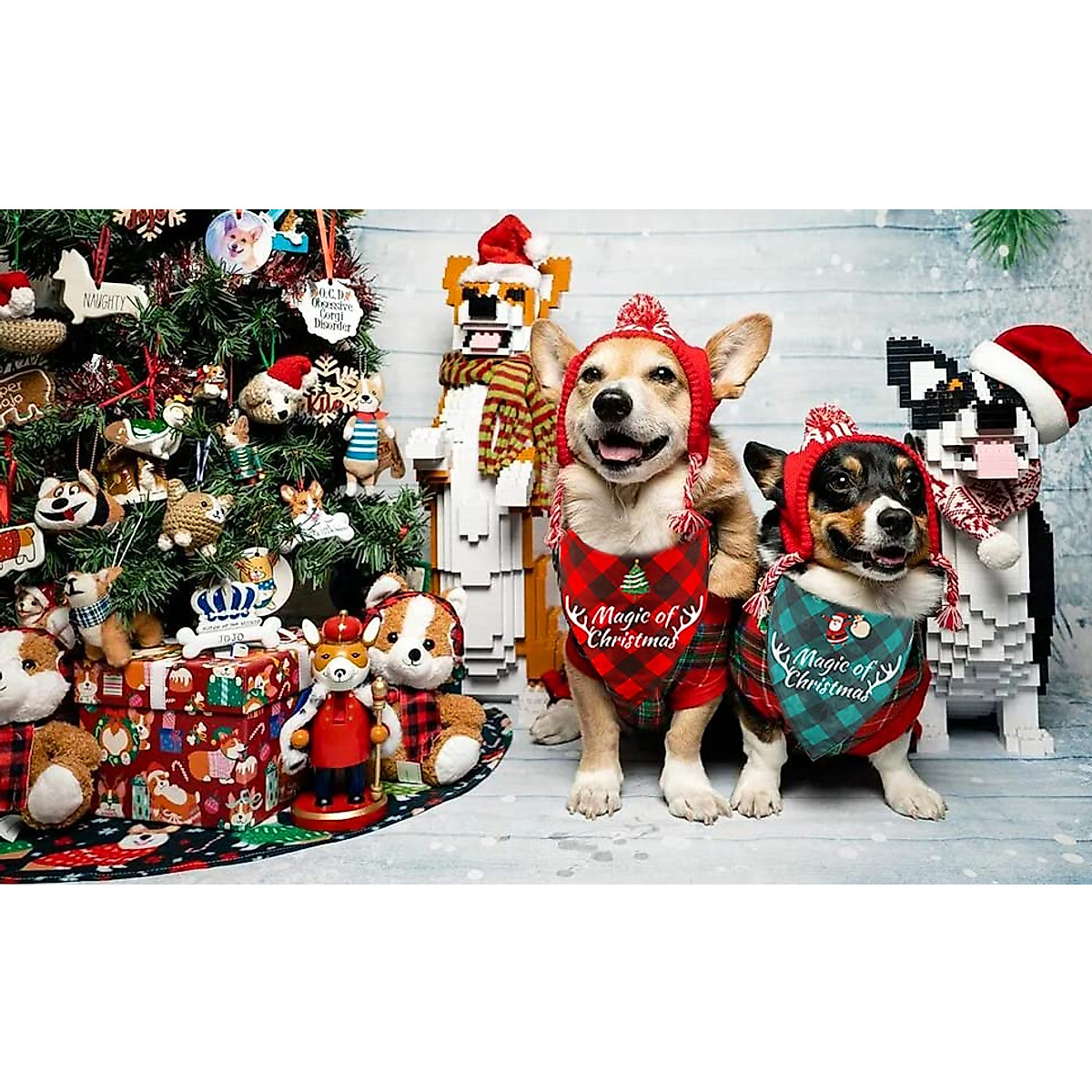 Bonjin 2 Pack Dog Bandana Christmas Classic Plaid, Pet Scarf Triangle Reversible Bibs Kerchief Santa Christmas Tree Magic of Christmas Print Pet Bandana for Small Medium Large Dogs Cats Pets