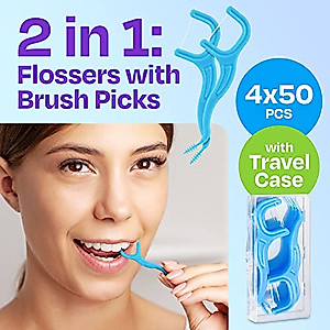 Trueocity Dental Flossers Brush Picks 4 Pack w/Travel Case (200 Total Count), Dental Floss Glides Easy Between Teeth, Flosser Helps Prevent Tooth Decay & Gum Disease, Easy Grip Handle, Mint Flavored