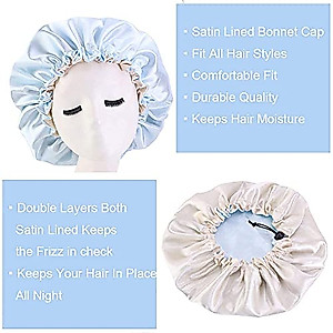 Cospack Satin Bonnet Sleep Bonnet Cap - Extra Large Double Layer Reversible Adjustable Satin Cap for Sleeping Hair Bonnet (L.blue+Beige)