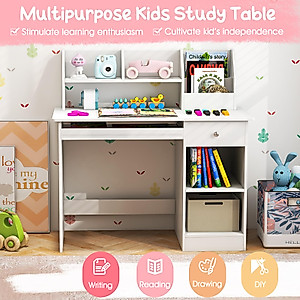 Giantex Kids Study Desk, Children Wooden Writing Table with Hutch, Bookshelf, Drawer, Keyboard Tray, Storage Shelves, White Student Computer Desk Workstation for Home School Use, Gift for Boys Girls