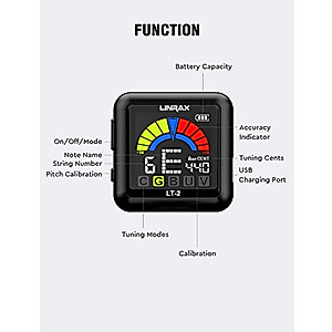 Linrax LT-2 Guitar Tuner Rechargeable Clip On Tuner for Guitar, Bass, Ukulele, Violin, Banjo, Chromatic Tuner with LCD Color Display, Digital Tuner for Stringed Instruments, Guitar Accessories, Black