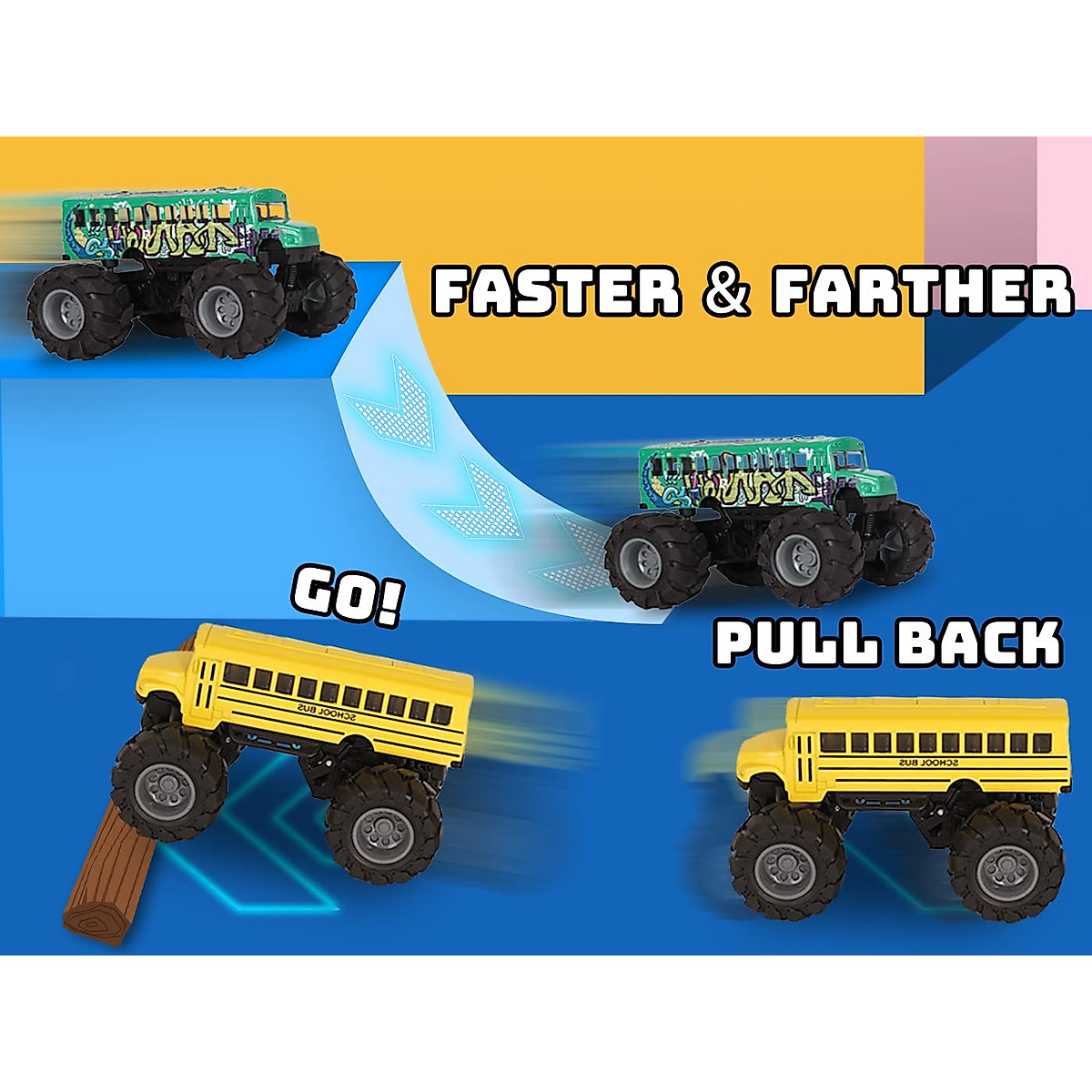 Crelloci School Bus Monster Truck Toy - 2 Pack Set Die Cast Yellow School Bus Toy, Pull Back Car Toys, Big Wheel Monster Truck Play Vehicles Gifts for Toddlers, Kids, Boys