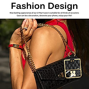 Miimall for Samsung Galaxy Z Flip 4 Leather Case with Ring Holder Stand, Luxury Rhomboid Leather Back Cover Electroplating Frame with Camera Lens Protector Case for Galaxy Z Flip 4 2022(Black)