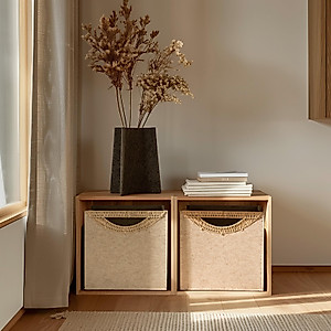 La Jolie Maison 2 Pack Foldable Oatmeal Felt Cube Bins, 13 Inch Storage Cube with Rattan Handle, Decorative Storage Bins for Closet Toys Bedroom