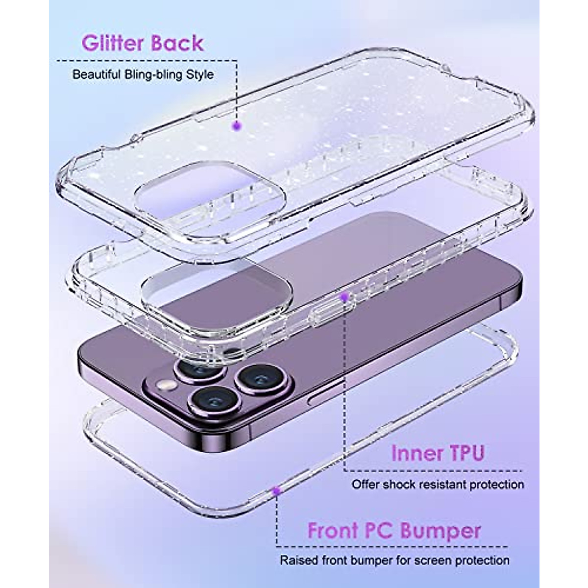 Hython Case for iPhone 14 Pro Max Case Glitter, Cute Clear Glitter Bling Sparkle Cover, [Military Grade Protection] Hybrid Heavy Duty Rugged Hard PC Bumper Shockproof Soft TPU Protective Phone Cases