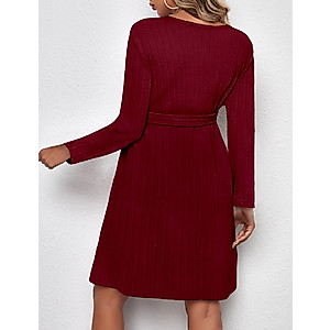 Ekouaer Womens Maternity Dress Rib Knit Long Sleeve Pregnancy Dresses Crewneck Pregnant Clothes with Belt Wine Red XL