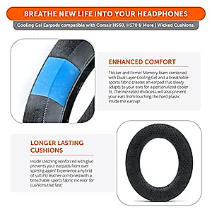 WC Freeze HS60 - Cooling Gel Replacement Earpads for Corsair HS50, HS60, HS70 & More by Wicked Cushions - Boost Comfort, Durability, Thickness & Sound Isolation for Epic Gaming Sessions | Black