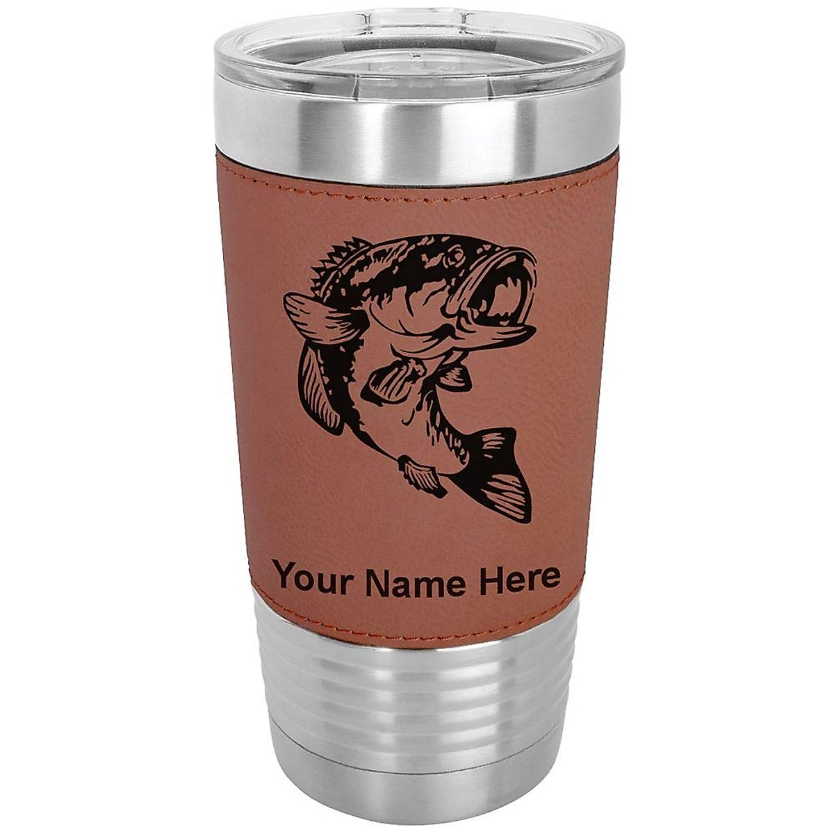 LaserGram 20oz Vacuum Insulated Tumbler Mug, Bass Fish, Personalized Engraving Included (Faux Leather, Dark Brown)