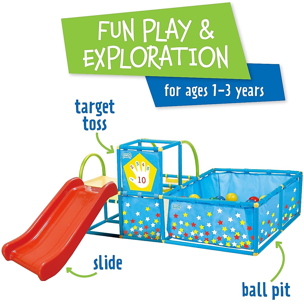 Eezy Peezy Active Play 3 in 1 Jungle Gym PlaySet – Includes Slide, Ball Pit, & Toss Target with 50 Colorful Balls