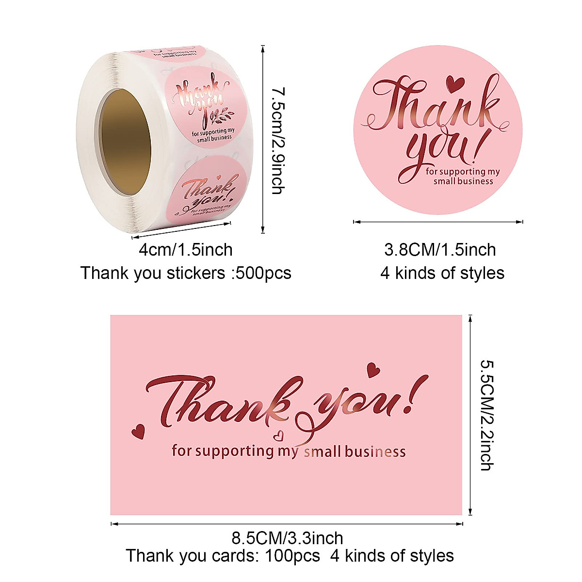 600 Pieces Thank You Cards and Stickers Set Pink Gold Foil Thank You For Supporting My Small Business Cards and Sticker Set for Retail Store Package Insert Envelope Seals Business Owner Sellers