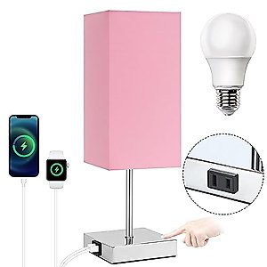 SEEDED-DESIGN Touch Control Table Lamp, Small Bedside Lamp with USB Port and Outlet, 3-Way Dimmable Nightstand Lamp for Bedroom, Living Room, LED Bulb Included (Square, Pink Blush)