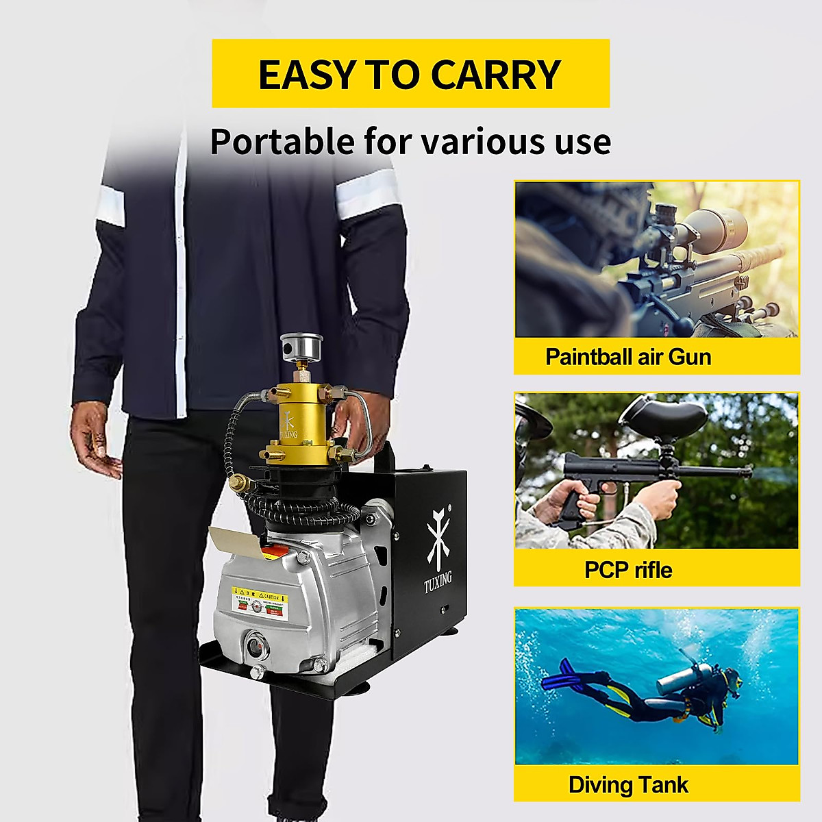 TUXING Pcp Air Compressor,4500Psi/30Mpa/300Bar Scuba Compressor, Manually Shutoff Electric Compressor with Water/Fan Dual Cooling System for Pcp Air Rifle, Scuba Tank Charging