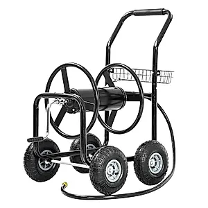 Hose Reel Hold Up To 300 Ft Heavy Duty Garden Hose Reel Sturdy Water Hose Reel Cart with 4 Wheels Storage Basket for Garden Lawn Yard Outdoor (Black)