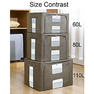 BESTUNIHOM Stackable Oxford Storage Bins with Transparent Windows for Clothing, Quilts, Blankets, Foldable Bedroom Storage Closet Organizers, 2 Pcs Brown 60L SNX-NJB012PBR60