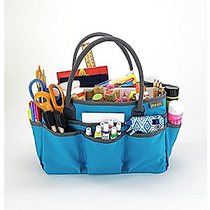meori Large Portable Craft Tote Bag Caddy Organizer Structured Bottom Zipper Pocket Sewing Paper Art Quilting Padded Handles (Azure Blue)
