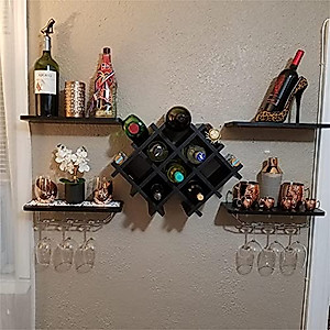 Gdrasuya10 Wall Mounted Wine Racks Shelves, Set of 5 Wine Storage Display Rack Wooden Wine Bottle Shelf Set with Glass Holder Multifunctional Rack (1 Wine Rack & 4 Shelves) Black