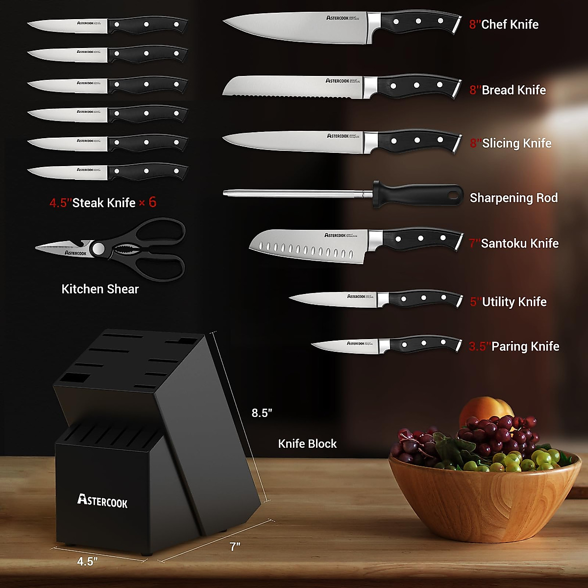 Knife Set, Astercook 15 Pcs Triple Rivet Kitchen Knife Set High Carbon Stainless Steel Knife Sets for Kitchen with Block, Dishwasher Safe, Black
