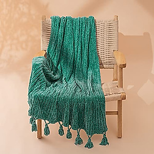 RECYCO Chenille Knit Throw Blanket for Couch, Super Soft Cozy Throw Blankets with Tassels, Thick Striped Knitted Blankets for Sofa Chair Bed Living Room, Turquoise, 50" x 60", Laundry Bag Included