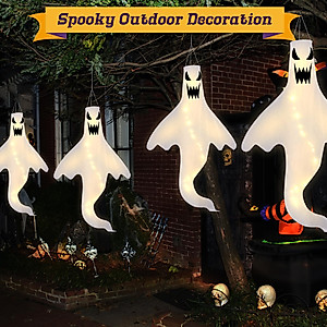 2 Sets Halloween Windsock Flag with LED Lights Outdoor Happy Halloween Hanging Decor for Yard Patio Garden Pathway Party Decoration (Ghost)