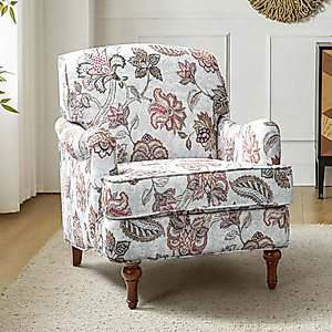 HULALA HOME Modern Accent Chair with Retro Wood Legs, Comfy Upholstered Armchair with Removable Cushion, Floral Design Single Sofa Chair for Living Room Bedroom Office, Pink