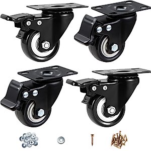 Casters, 2" Caster Wheels，Casters Set of 4 Heavy Duty - ASRINIEY Black Polyurethane Castors, Top Plate Swivel Wheels, 4-Pack Industrial Casters with Brake, Locking Casters for Furniture and Workbench