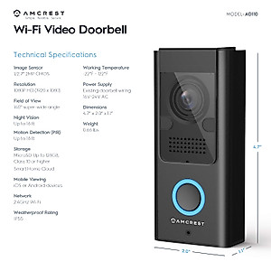 Amcrest 1080P Video Doorbell Camera Pro, Outdoor Smart Home 2.4GHz WiFi Doorbell Camera (Wired Power), MicroSD Card, PIR Motion Detect, RTSP, IP55 Weatherproof, 2-Way Audio, 140º Wide-Angle AD110