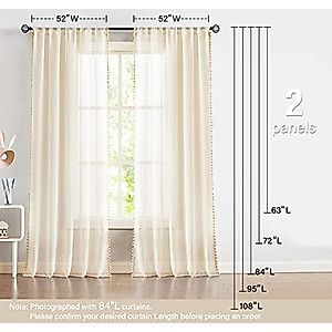 Treatmentex Pom Pom Linen Sheer Curtains for Living Room 63 inches Length Slub Textured Natural Farmhouse Window Sheers Drapes 52" w x 2 Pack, Rod Pocket