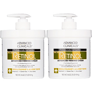 Advanced Clinicals Retinol Cream Face Moisturizer | Crepey Skin Care Treatment | Fragrance Free Body Lotion Targets Look Of Crepe Skin, Wrinkles, & Sagging Skin, 16 Oz (2-Pack)