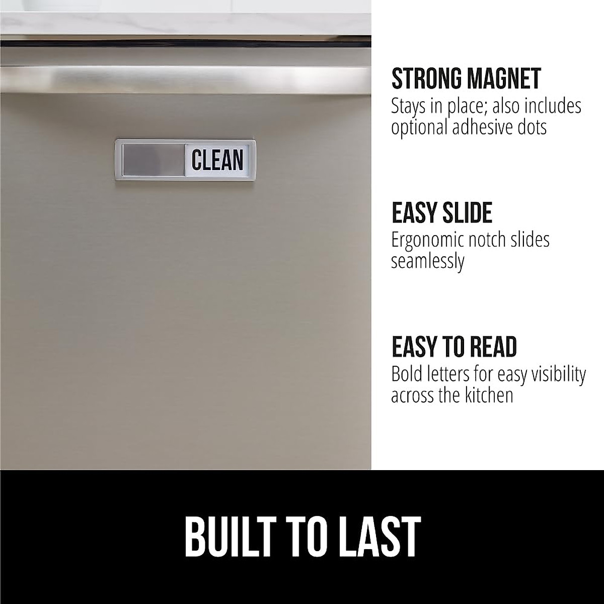 Gorilla Grip Clean and Dirty Dishwasher Magnet Sign, Optional Adhesive, Magnetic Kitchen Decor, Easy Read, Non-Scratch, Heavy Duty Shutter Slide Magnets for Dish Washer, Home Accessories, 7x2, Silver