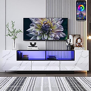 Vinctik 6&Fox 70inch LED TV Stand for 80/75 inch TV,Modern TV Stand for Living Room,TV Console,High Gloss Entertainment Center with Large Storage Drawer,APP LED Light(Marbling)
