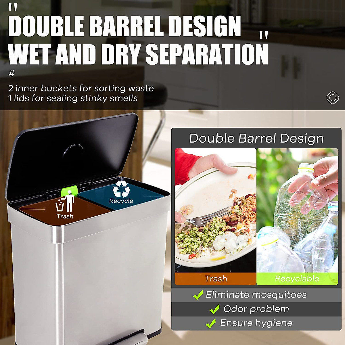 MGHH Trash Can,16 Gallon (2X30L) Dual Garbage Can with Mute Metal Waste Bin, Stainless Steel Double Compartment Classified Recycle Garbage Pedal Dustbin,Suit for Kitchen,Office,Bedroom