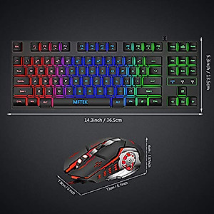 MFTEK RGB Rainbow Gaming Keyboard and Mouse Combo, Compact 87 Keys Backlit Computer Keyboard with Gaming Mouse, USB Wired Set for PC Gamer Laptop Work