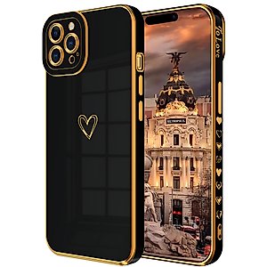ROUTDOM Compatible with iPhone 12 Pro Max Case for Women Girls Aesthetic Cute Cool Luxury Trendy Gold Heart Design,Slim Thin Silicone Shockproof Protective Phone Cover for iPhone 12 Pro Max（Black）