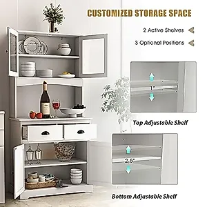 PETSITE Kitchen Hutch Storage Cabinet, Pantry Buffet Cabinet w/Tempered Glass Doors, Double Drawers, Adjustable Shelves & Anti-toppling Fitting, Tall Cupboard for Dining Room (White)