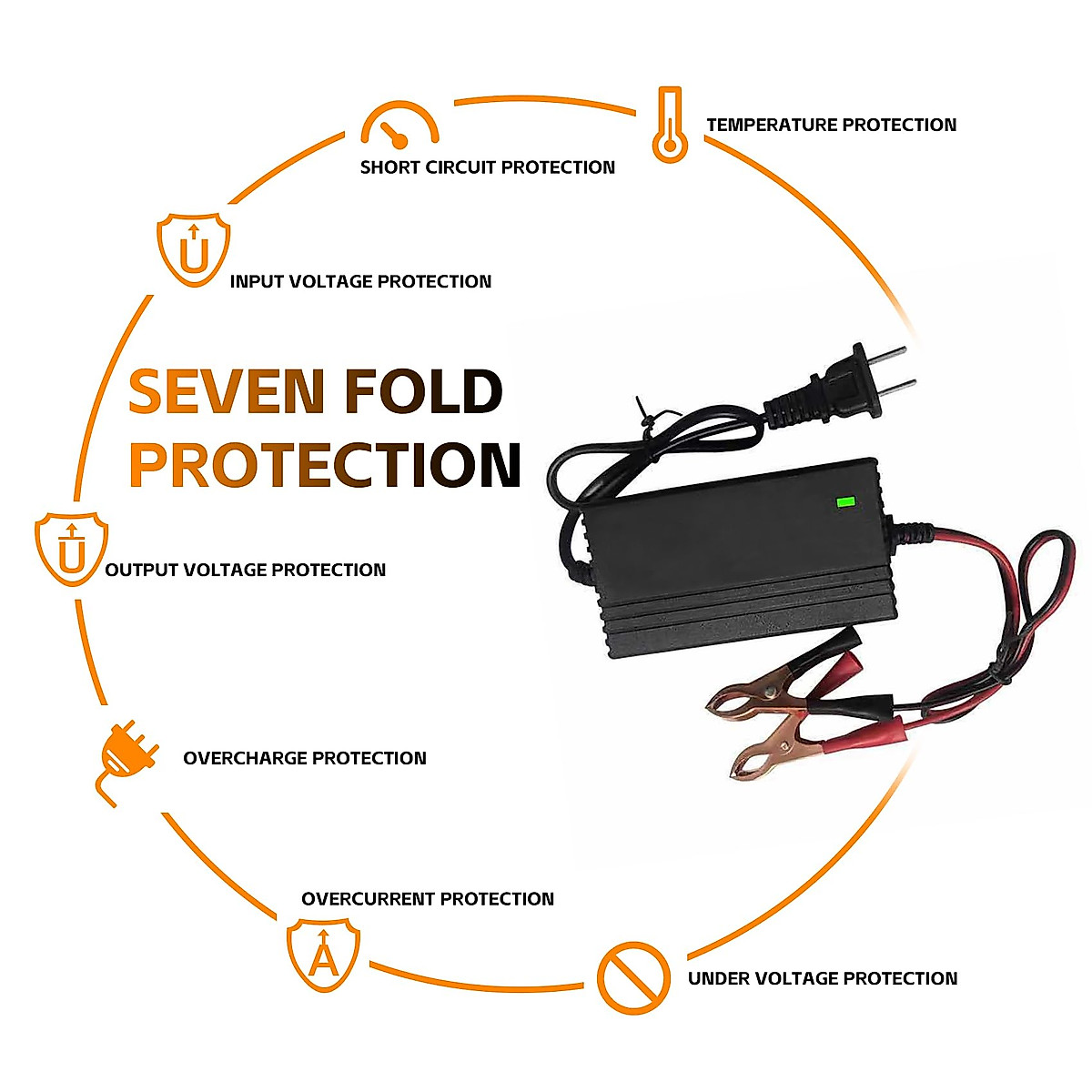 USTOPF1T 12V Battery Charger and Maintainer, Smart Charger Lead Acid Batteries with Clamps for Motorcycles, Trucks, Lawnmowers and Maintenance Charging for Cars, SUVs, RVs