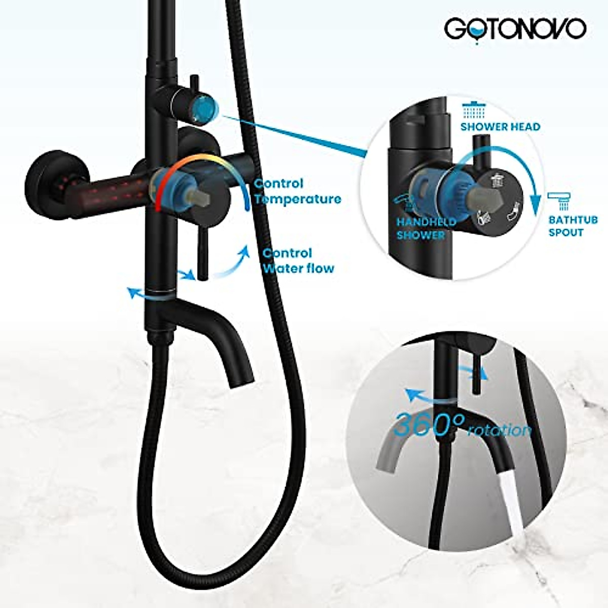 gotonovo Shower faucet Set Matte Black Triple Function with Adjustable Hand Sprayer and Tub Spout SUS 304 Stainless Steel 8 Inch Rainfall Shower Head Bathroom Shower Fixture Wall Mount Complete Set