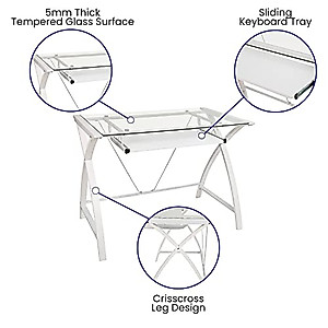 Flash Furniture Clear Tempered Glass Computer Desk with White Pull-Out Keyboard Tray and White Crisscross Frame