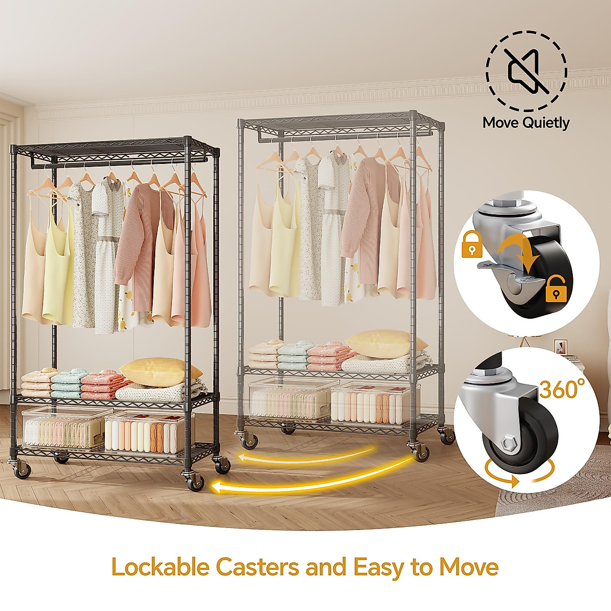 Higeego H4 Plus Rolling Garment Rack with Cover, Heavy Duty Clothes Rack with Wheels, Portable Closet for Hanging Clothes, Wardrobe Closet Organizer Storage, Black Closet Rack with Black Fabric Cover