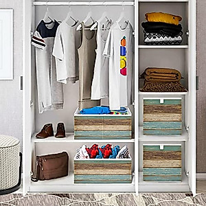 ALAZA Rustic Country Wooden Farmhouse 11 Inch Cube Storage Bin Organizer Foldable Basket for Closet Cabinet Shelf Office