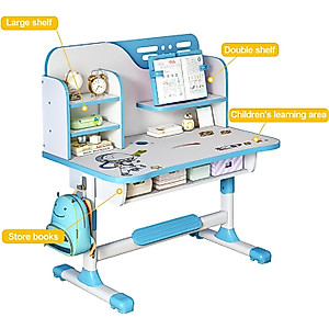 Kids desk and chair set,Premium Kids Study Desk Chair Set,Height Adjustable Children's Desk and Chair School Study Table Chair ,Ergonomic Desk Chair with Writing Board, Bookshelf and Drawer (Blue)