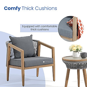 SUNSITT 3 Piece Patio Furniture Set, Aluminum Outdoor Bistro Set w/Wood Grain, Woven Rope Bistro Table and Chairs Set of 2, Patio Conversation Bistro Sets w/Grey Cushions for Balcony, Porch, Backyard