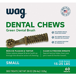 Amazon Brand - Wag Dental Dog Treats to Help Clean Teeth & Freshen Breath - Small, Unflavored, 2.25 pounds, 60 Count (Pack of 1)