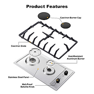 Eascookchef Gas Stove Top 2 Burner,Bulit-in Gas Cooktop 12 inch,Stainless Steel Propane Cooktop, NG/LPG Convertible,Drop-in Gas Burner, 2 Burner Gas Stove with Thermocouple Protection, RV Stove