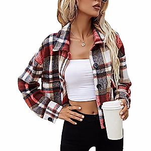 UANEO Womens Cropped Plaid Shacket Brushed Button Down Casual Flannel Shirt Jacket (Red, Large)