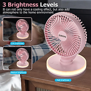 Portable Desk Fan with Circular LED Lights, 4 Speeds, 90° Rotation Adjustable Oscillating Fan, 4000mAh Rechargeable Fan, Battery Powered Quiet Personal Fan for Home Office, Detachable Cleaning (Pink)