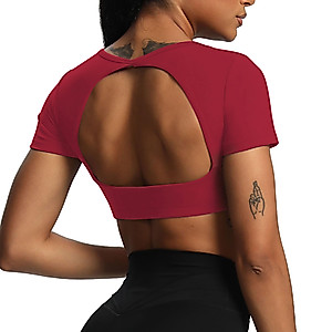 Aoxjox Short Sleeve Crop Tops for Women Clarissa Hollow Back Workout Cropped T Shirt Top (Rumba Red, Small)