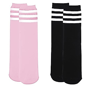 Gotneto Soccer Socks for Kids, Toddler, Cotton Knee High Three Stripes Tube Socks for Boys, Girls, Sports, Pink White & Black White One Size